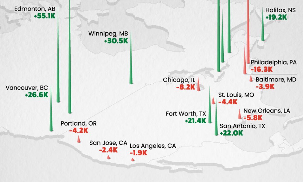 Map: Fastest Growing (and Shrinking) Cities in U.S. and Canada
