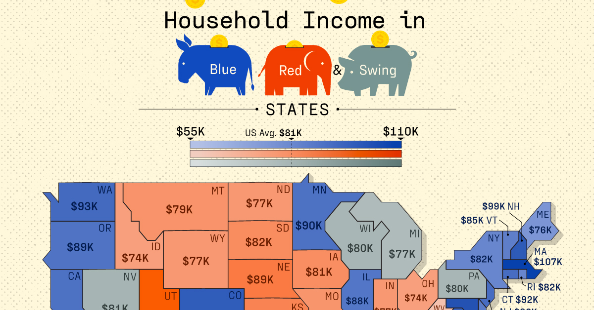 Mapped: U.S. Median Income in Blue, Red, and Swing States